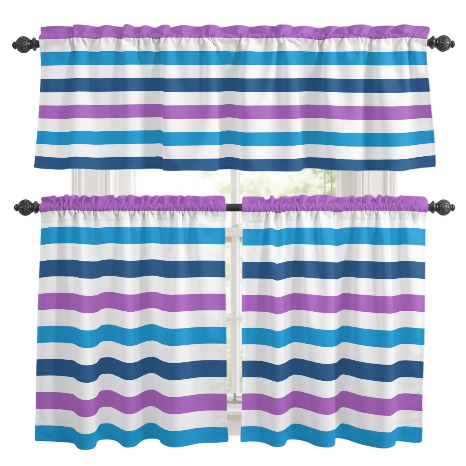 Blue Purple White Striped Kitchen Curtains and Valances Set, Modern ...