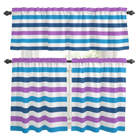 Blue Purple White Striped Kitchen Curtains and Valances Set, Modern ...