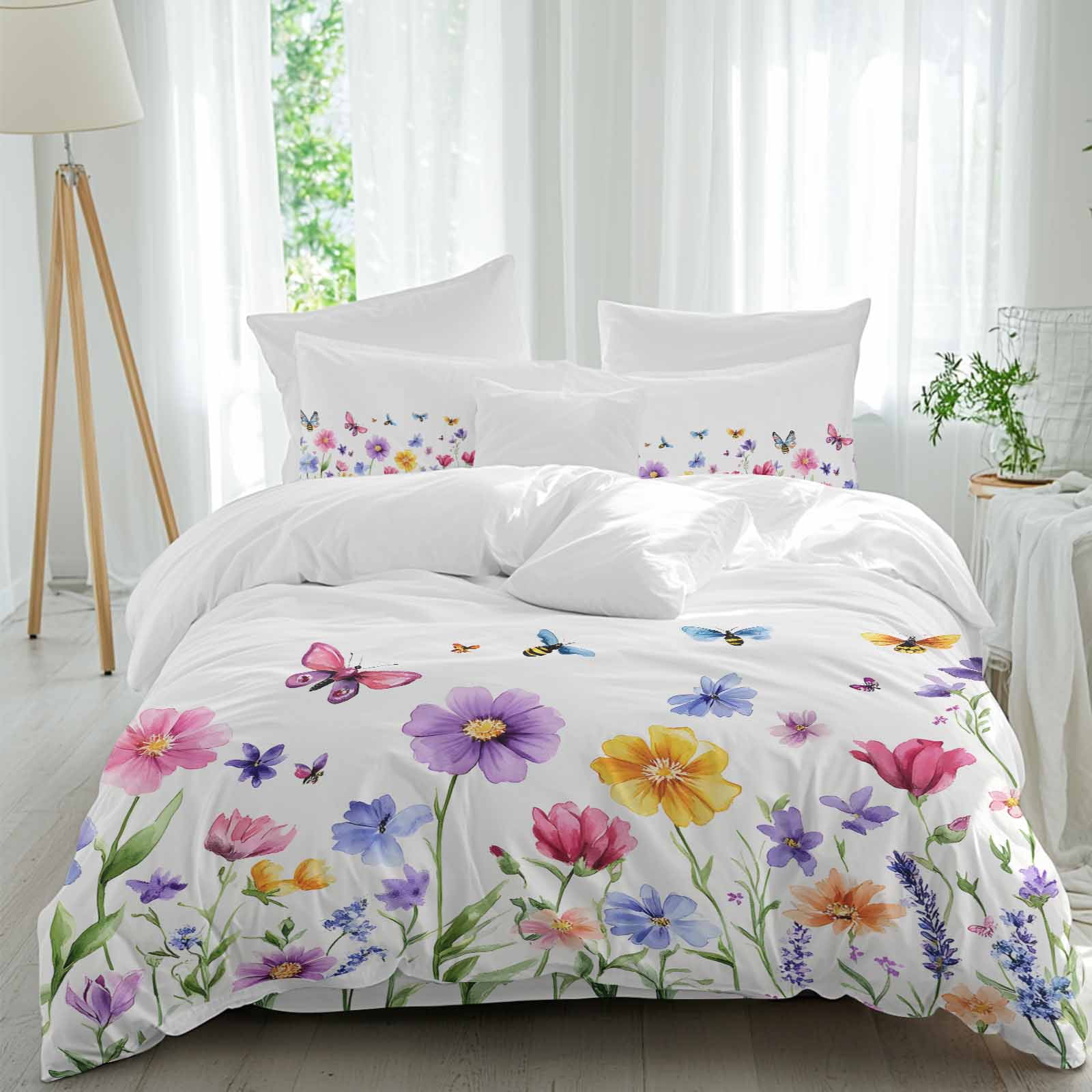 Blue Purple Yellow Floral 4 Piece Duvet Cover Set Queen Size Bee ...