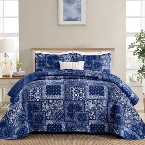 Blue Queen Patchwork Boho Farmhouse Quilt Set - Walmart.com