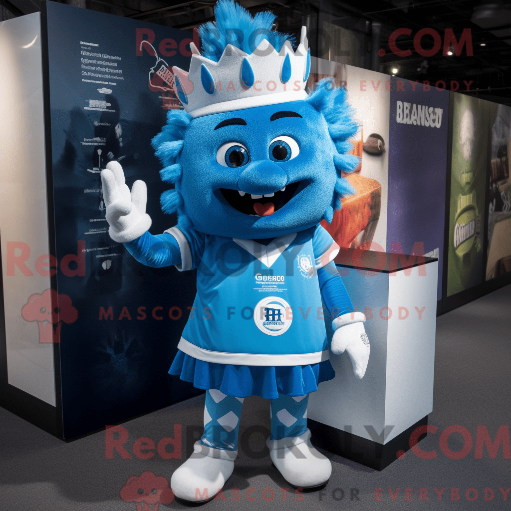 Blue Queen REDBROKOLY mascot costume character dressed with a Rugby ...