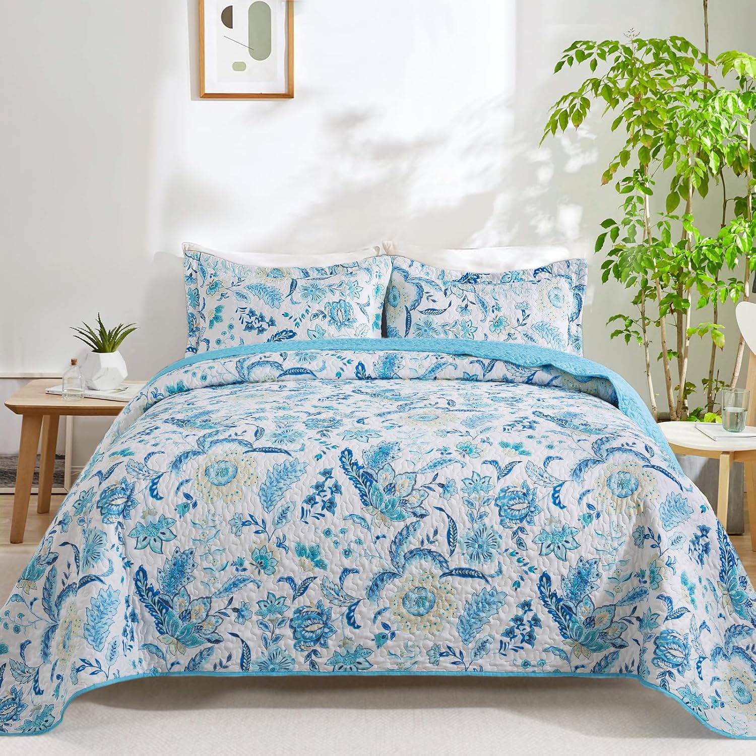 Blue Queen Size Quilt with Floral Pattern, Quilts Queen Size, Farmhouse ...