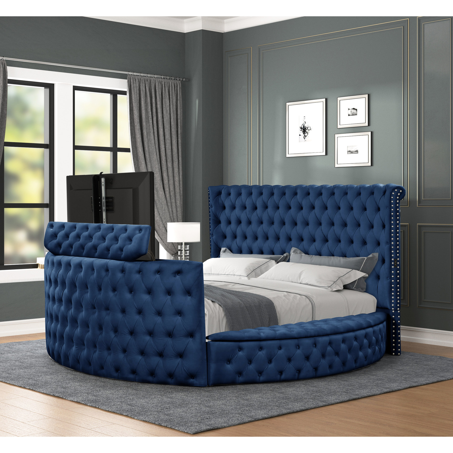 Blue Queen Wood Bed - Crystal Accents & Footboard as TV Stand - Bedroom ...