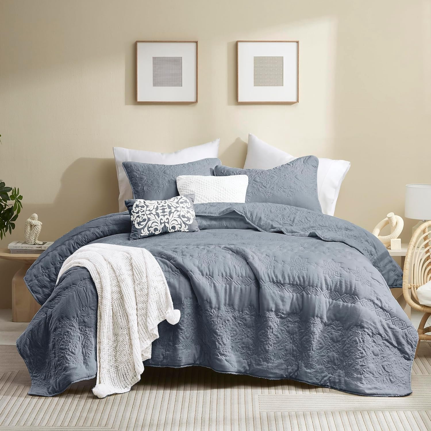 Blue Quilt Queen Size Bedding Sets with Pillow Sham, Lightweight Soft ...