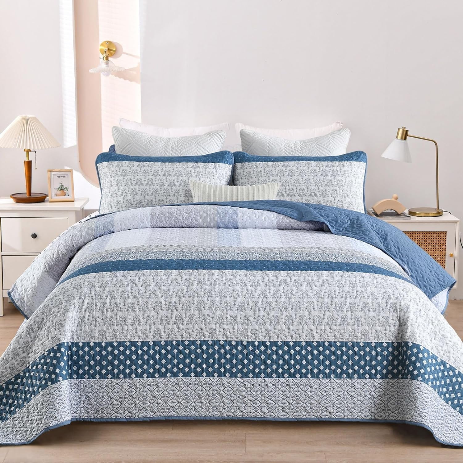 Blue Quilt Queen Size Bohemian Stripe 3 Pieces Bedspread Set Coverlet ...