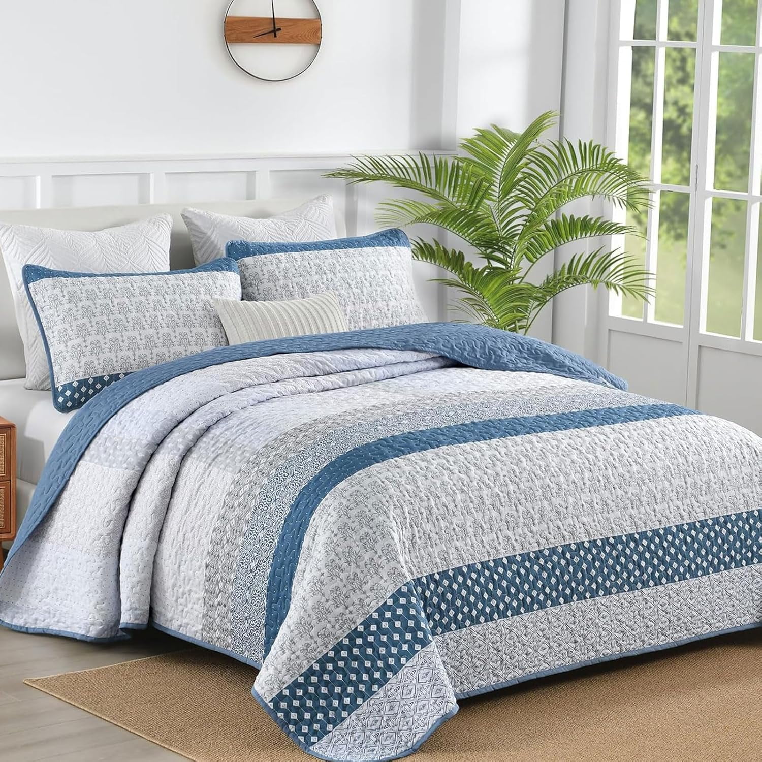 Blue Quilt Queen Size, Stripe Quilt Sets 3 Pieces Quilted Bedspread Set ...