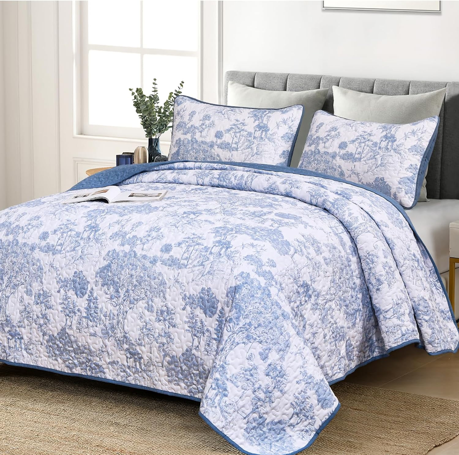 Blue Quilt Set King Size, 3 Pieces Botanical Bedspreads Set Lightweight ...