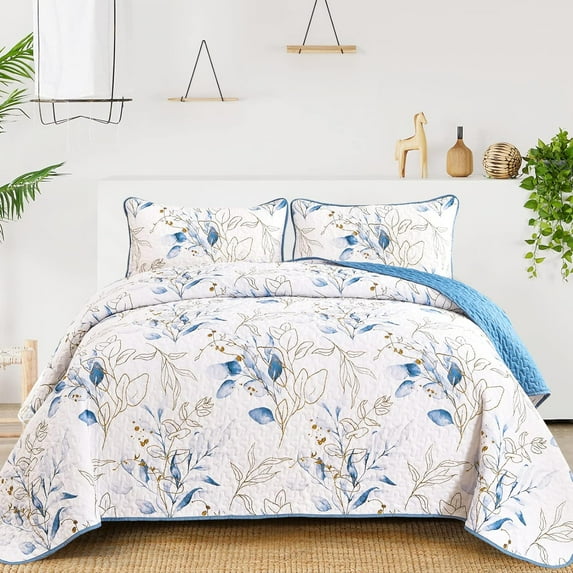 Blue Quilt Set King Size 3 Pieces Reversible Elegant Blue Botanical ...