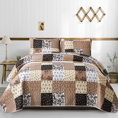 Blue Quilt Set Queen Size 3 Pieces Boho Plaid Aqua Blue Floral ...