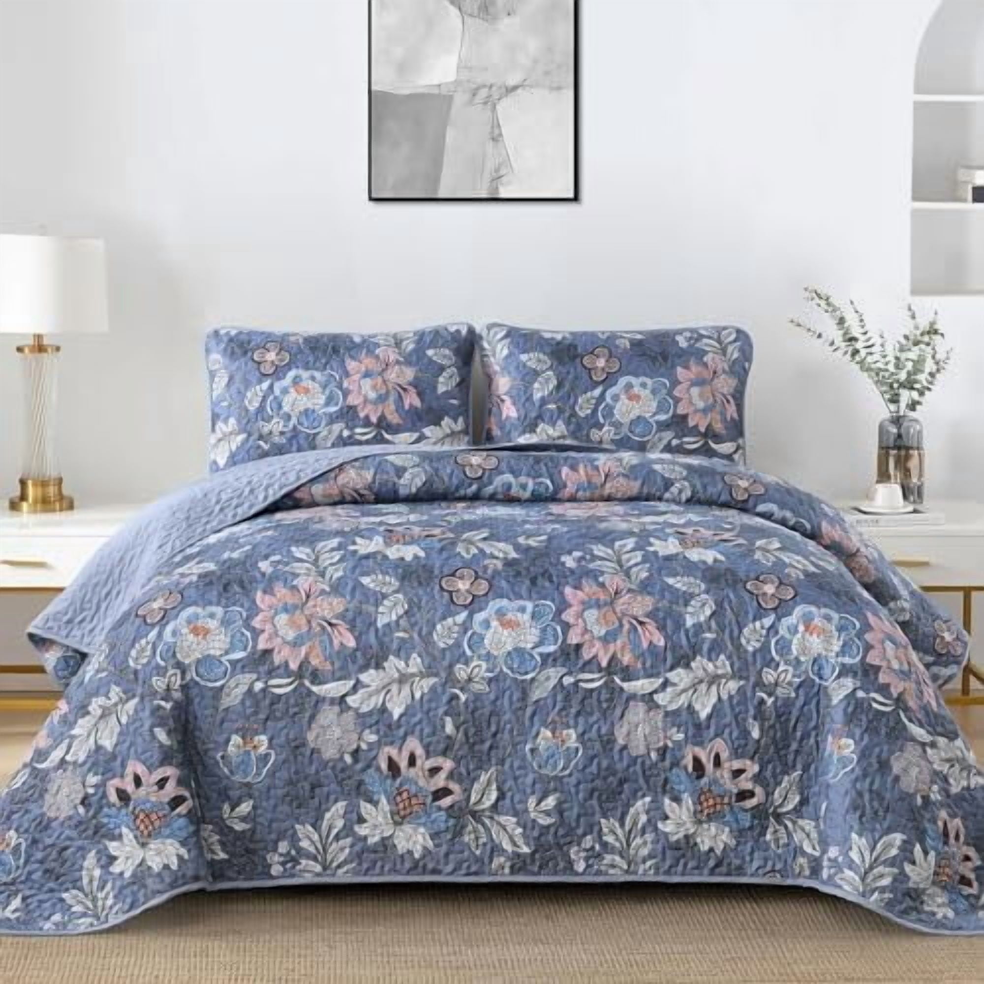 Blue Quilt Set Queen Size, Blue Botanical Floral Queen Bedspread ...
