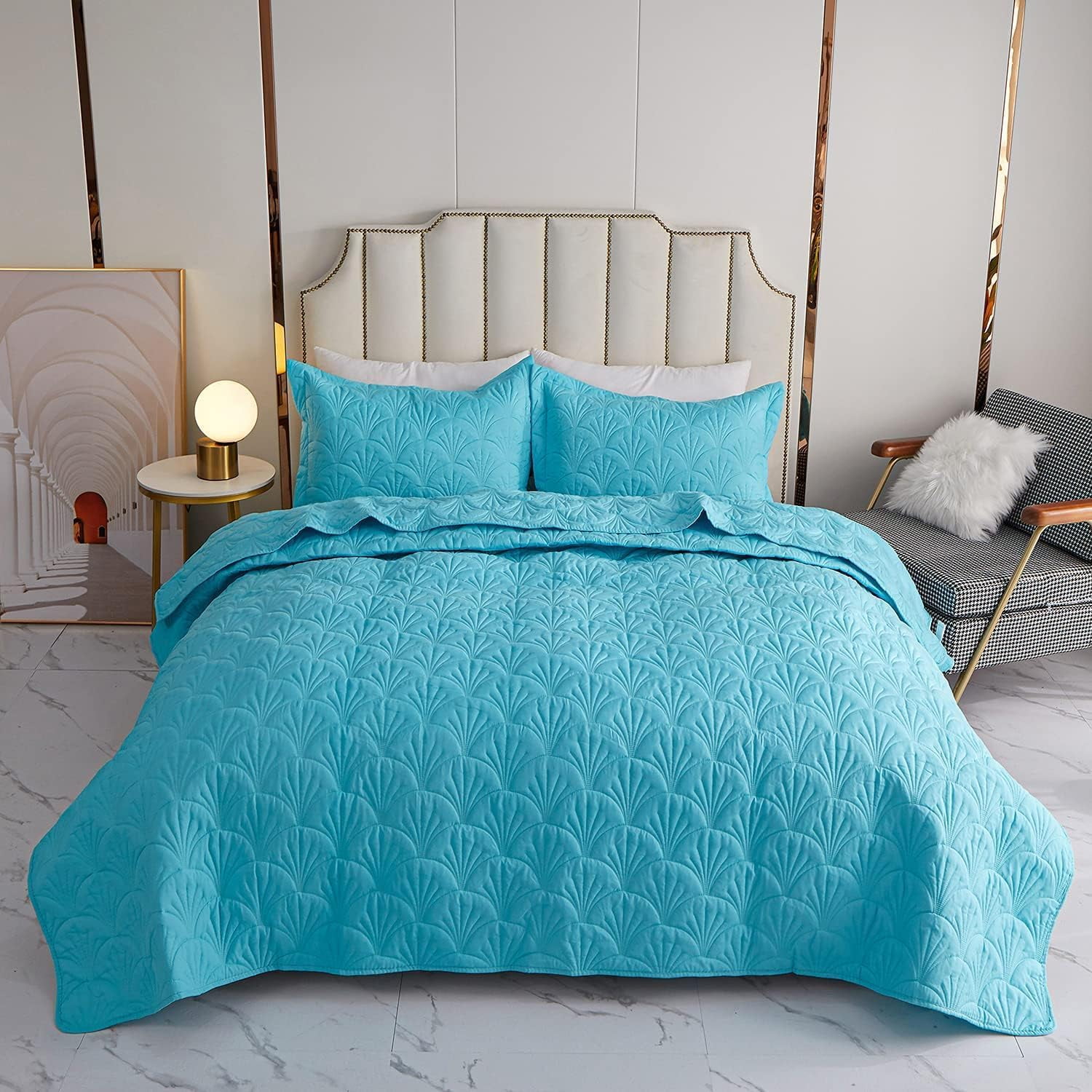 Blue Quilt Set Queen Size - Scallop Embroidered Soft Lightweight ...