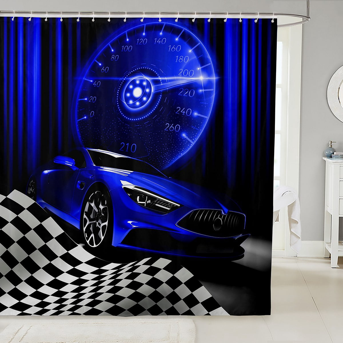 Blue Race Car Bath Curtain,Glitter Ombre Line Art Shower Curtain Sets ...
