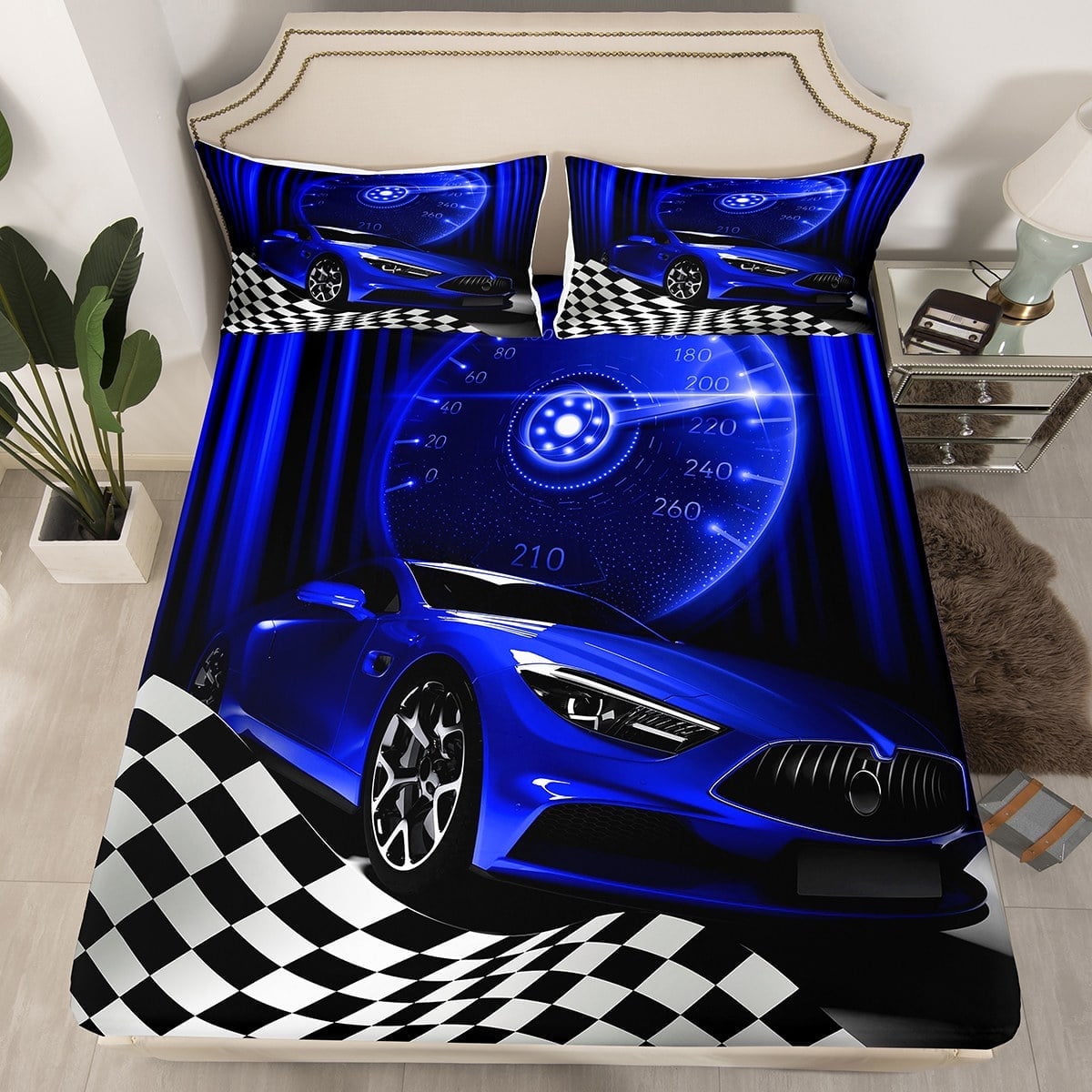 Blue Race Car Bed Sheets for Youth Boys,Glitter Ombre Line Art Fitted ...