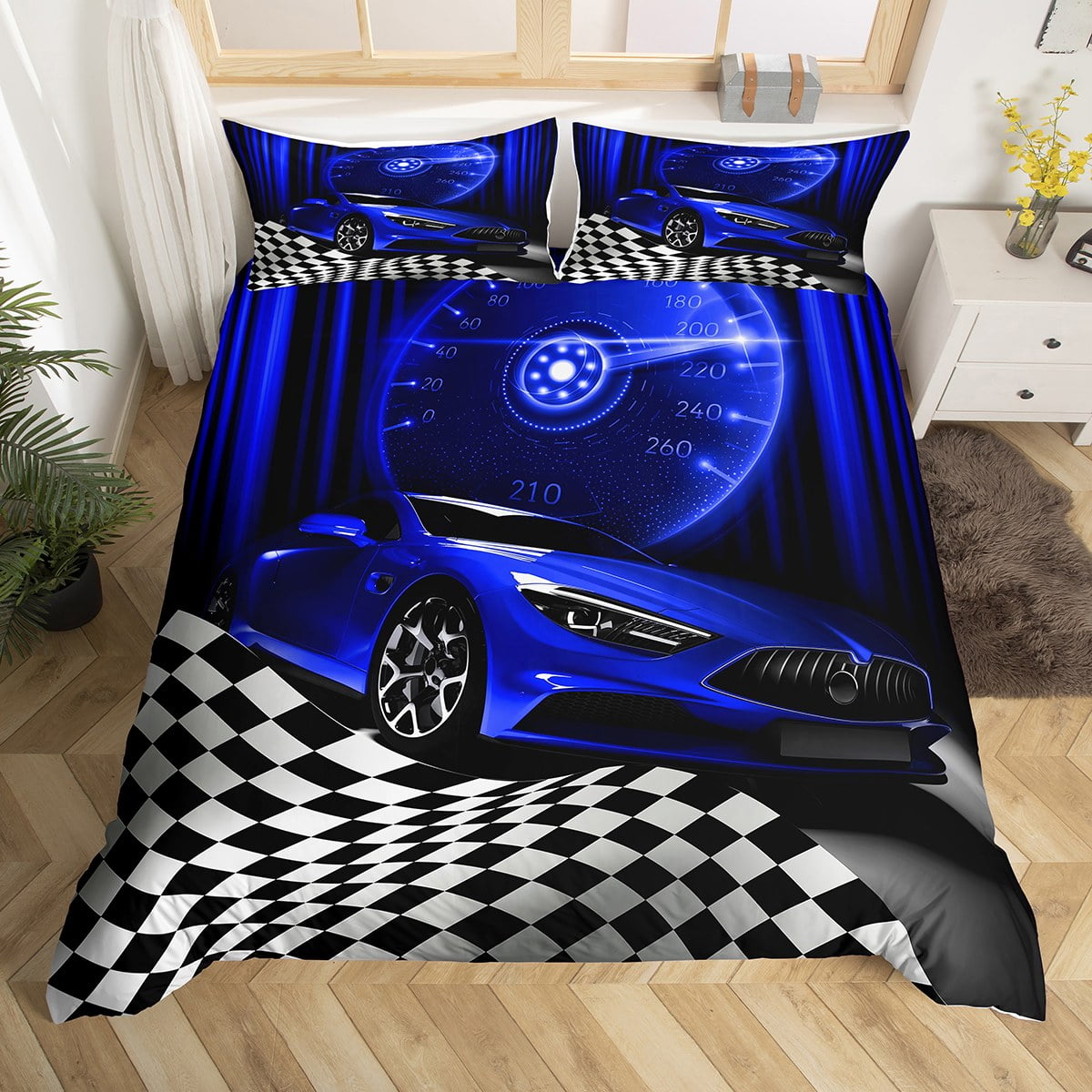 Blue Race Car Bedding Sets for Children Boys,Glitter Ombre Line Art ...