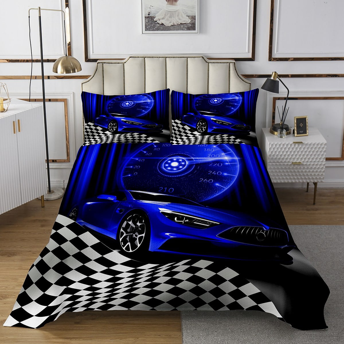 Blue Race Car Bedspread Set for Toddler Boys,Glitter Ombre Line Art ...