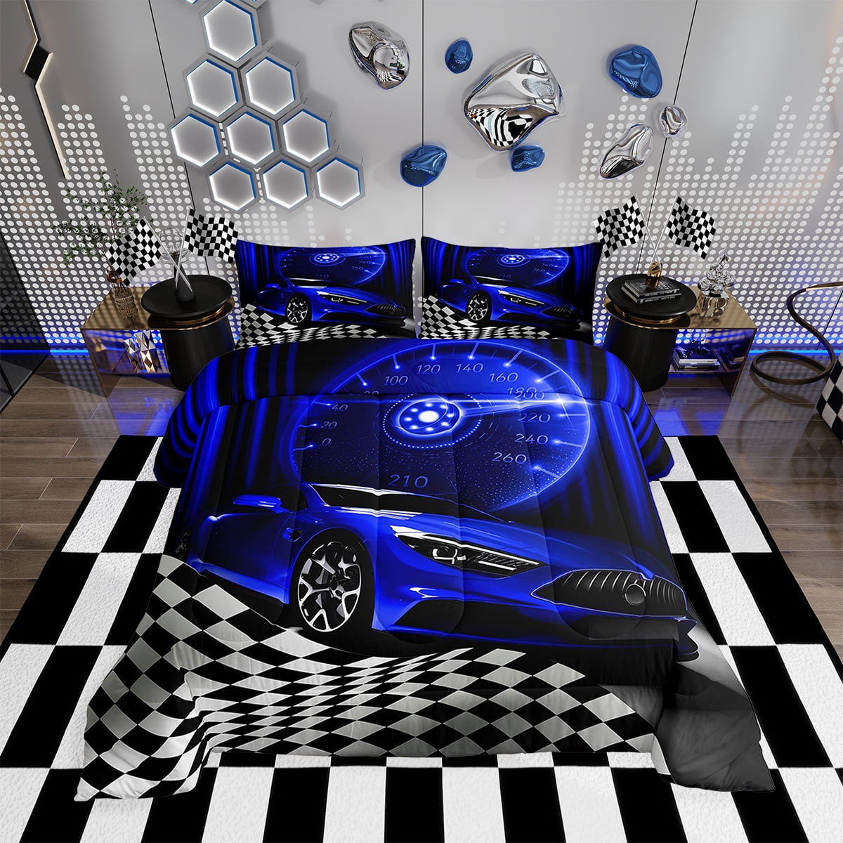 Blue Race Car Comforter Set,Glitter Ombre Line Art Bedding Set Neon ...