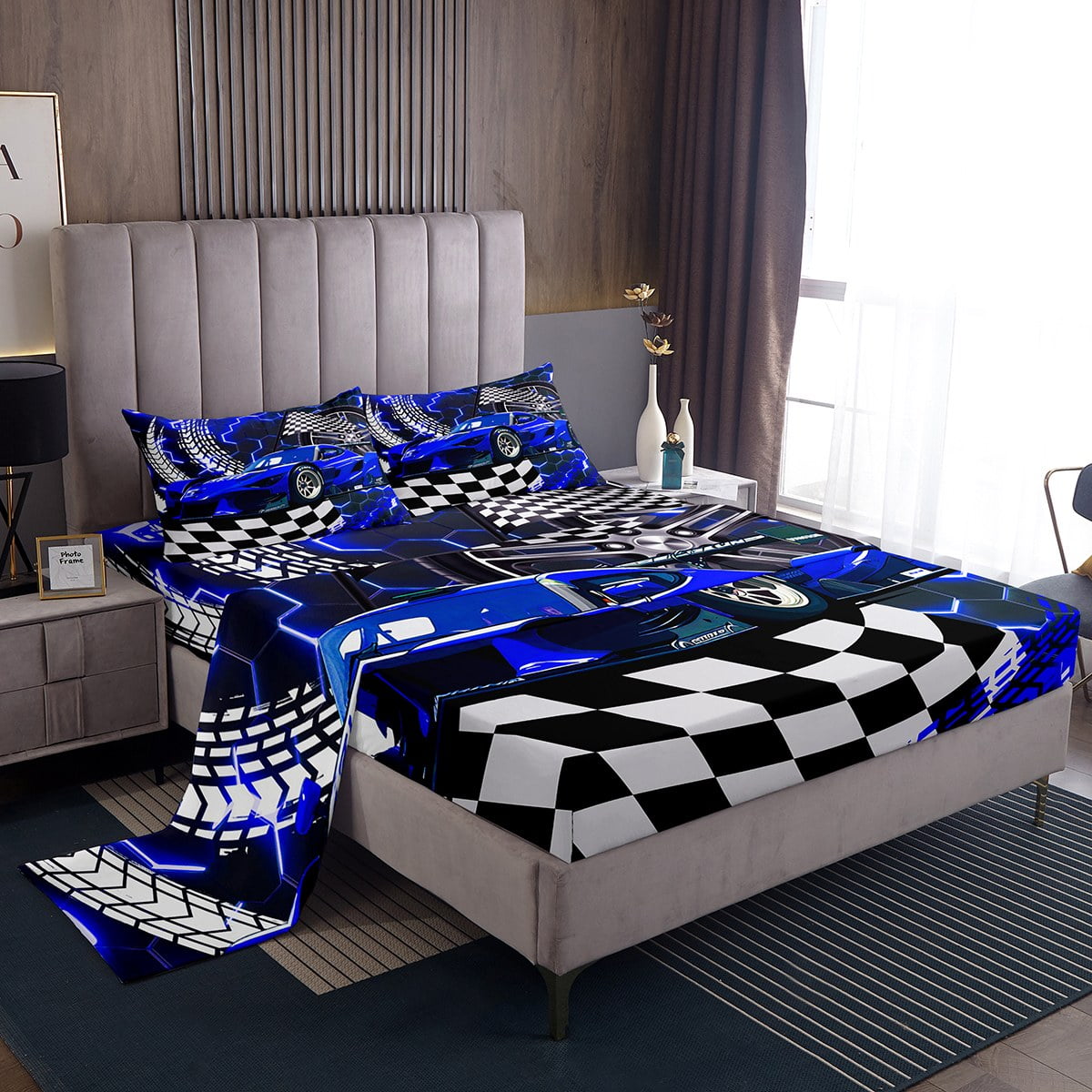Blue Race Car Sheet Set for Youth,Glitter Ombre Line Art Bed Sheets Set ...