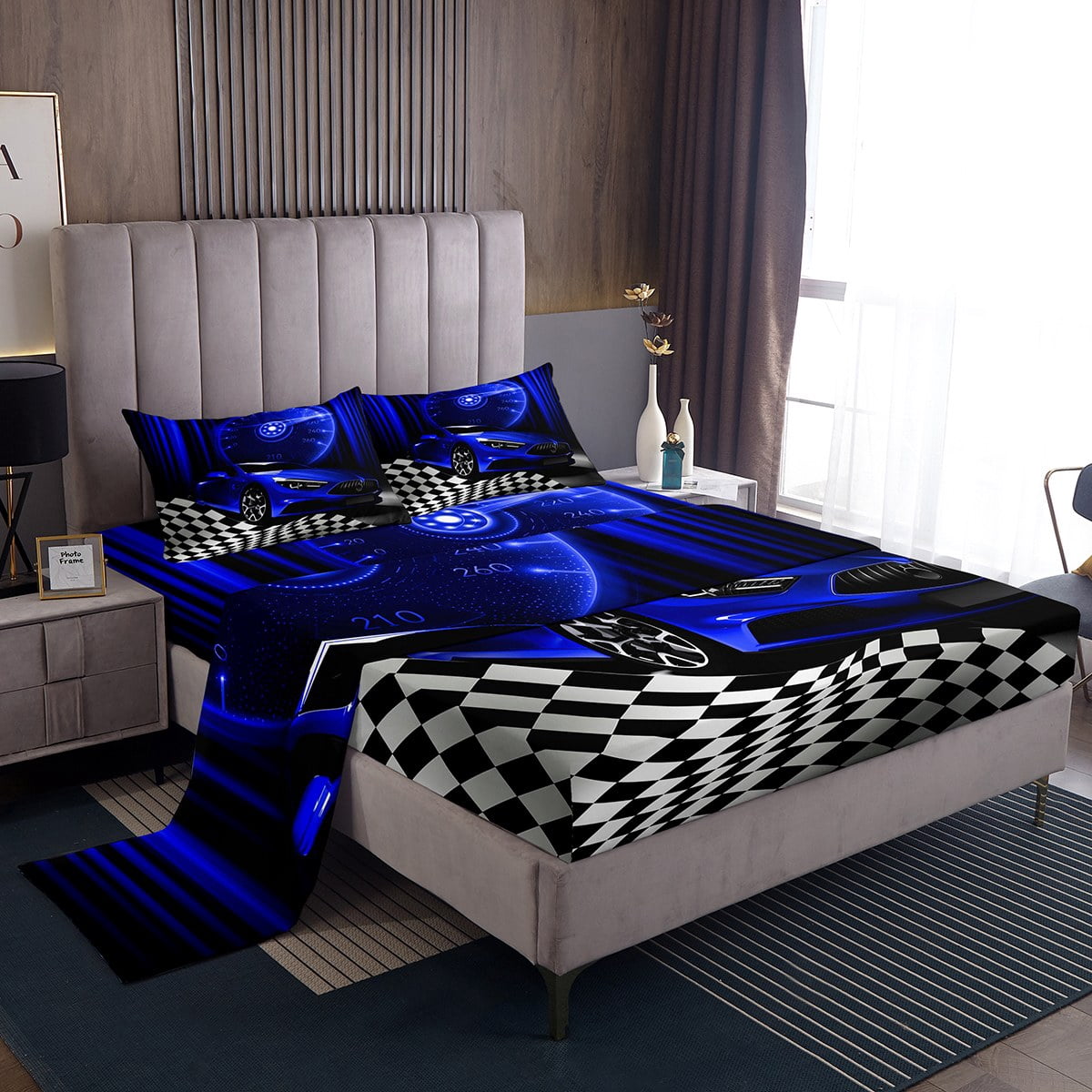 Blue Race Car Sheet Set for Youth,Glitter Ombre Line Art Bed Sheets Set ...