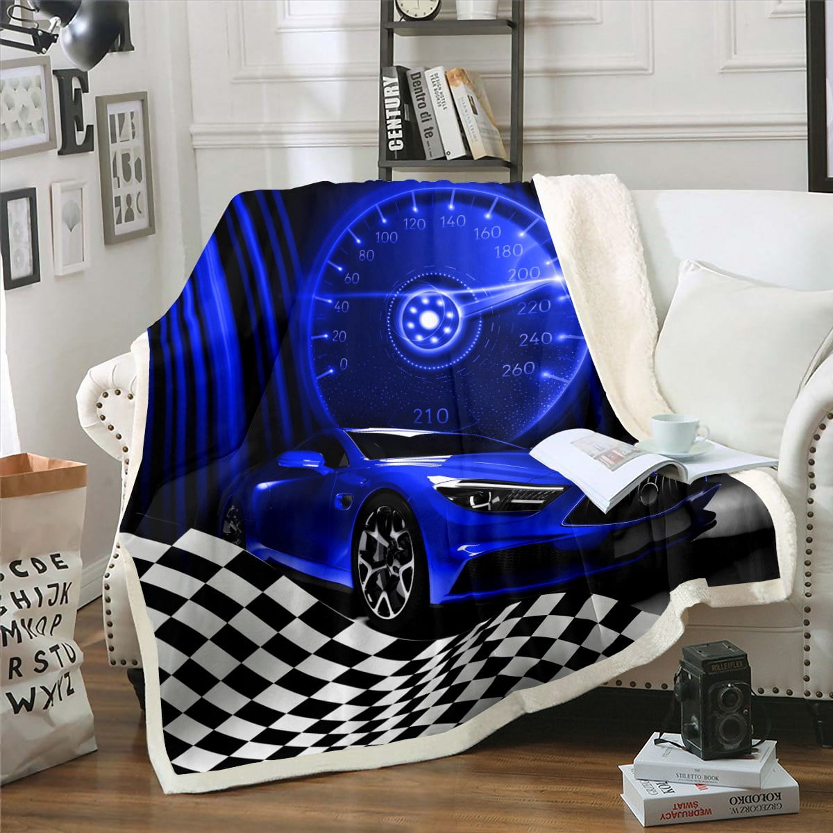 Blue Race Car Throw Blanket,Glitter Ombre Line Art Blanket Neon Light ...