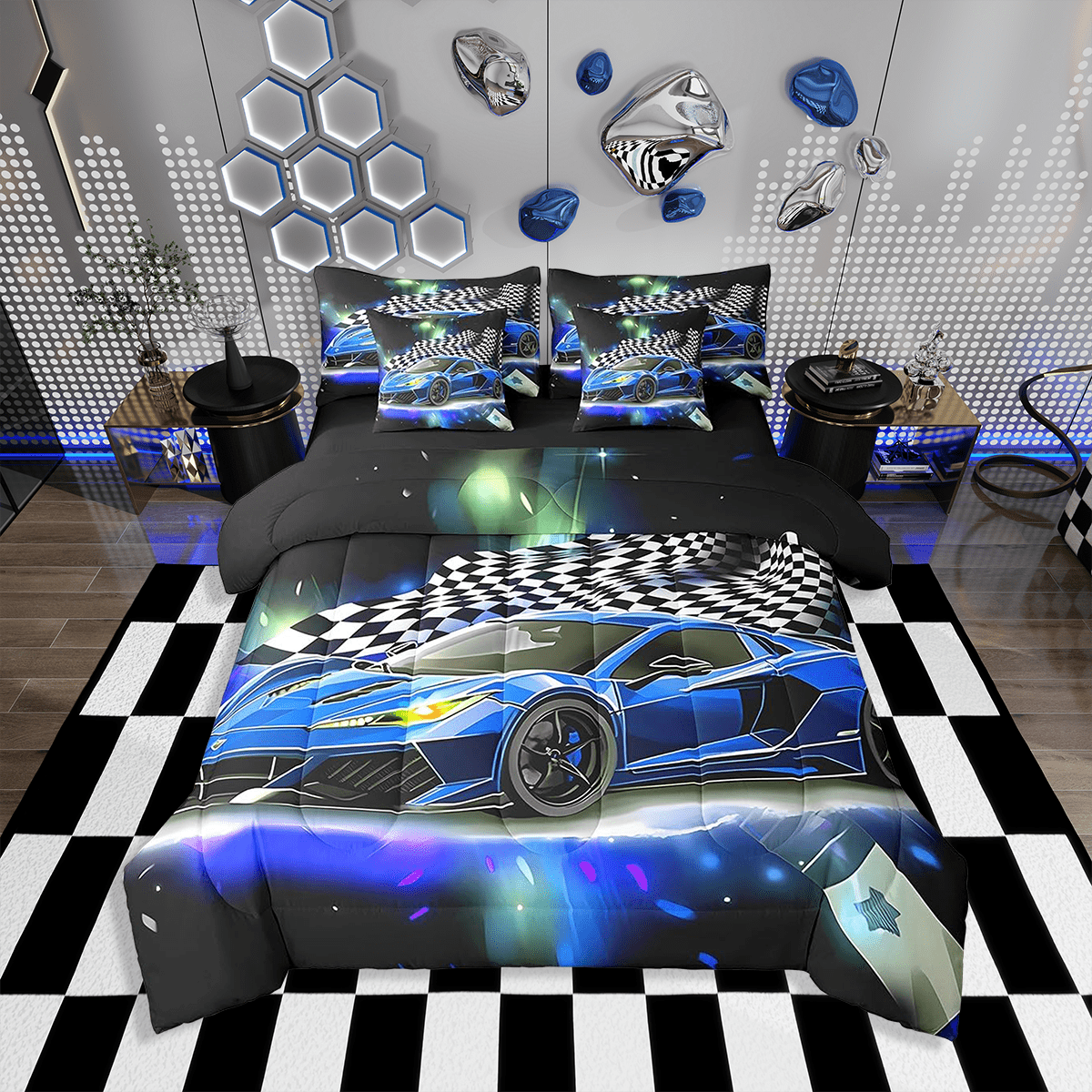 Blue Racing Car 7 Piece Bedding Set Twin Size Extreme Sport Comforter ...