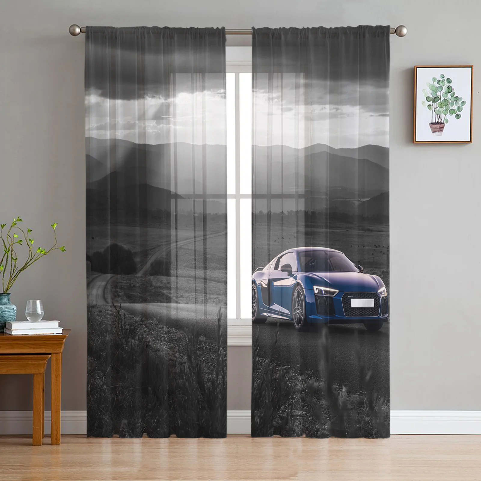 Blue Racing Car View Tulle Curtains for Living Room Print Sheer Voile ...