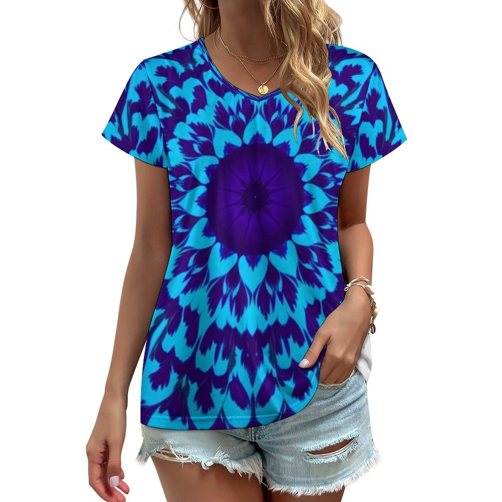 Blue Radial Floral Design Women's Blouse Short Sleeve Women's Top T ...