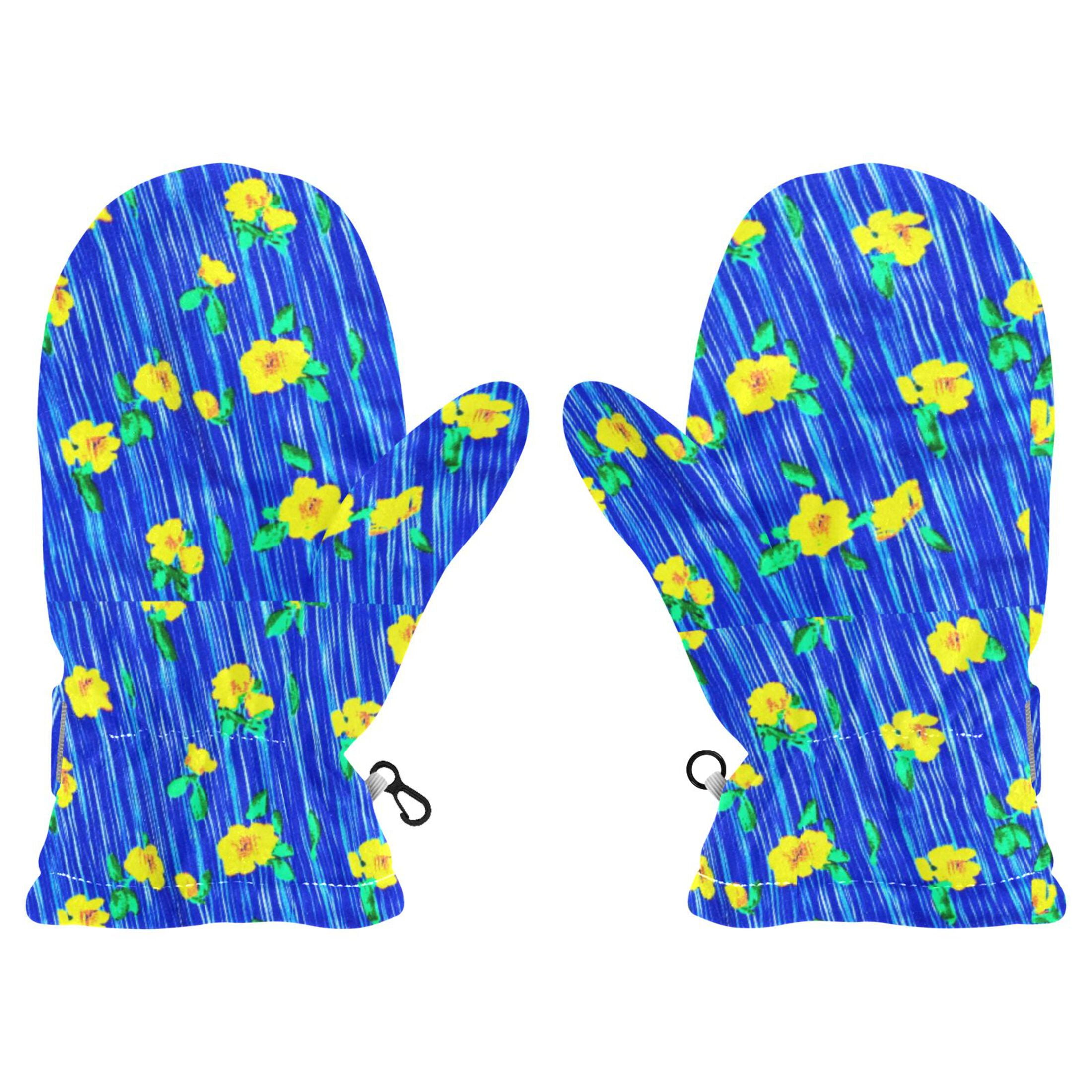 Blue Rain Flowers Cold Weather Mittens Cozy Gloves with Adjustable Fit ...