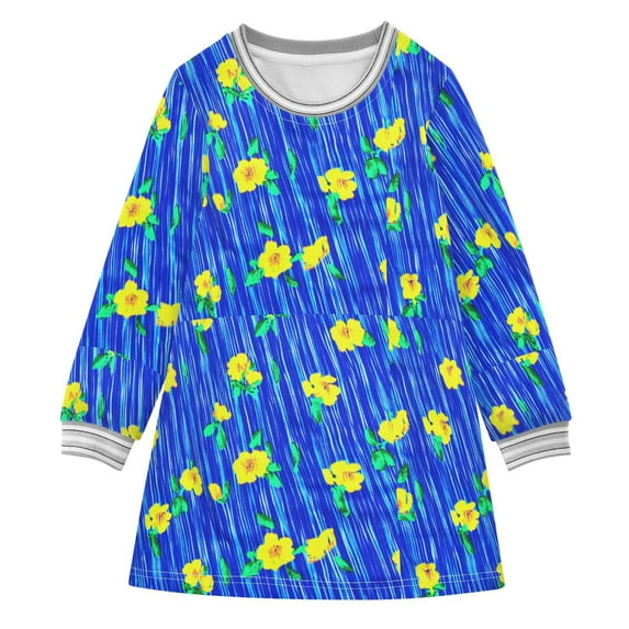 Blue Rain Flowers Girls'long-sleeved dress Thickened A-dress Warm Dress ...