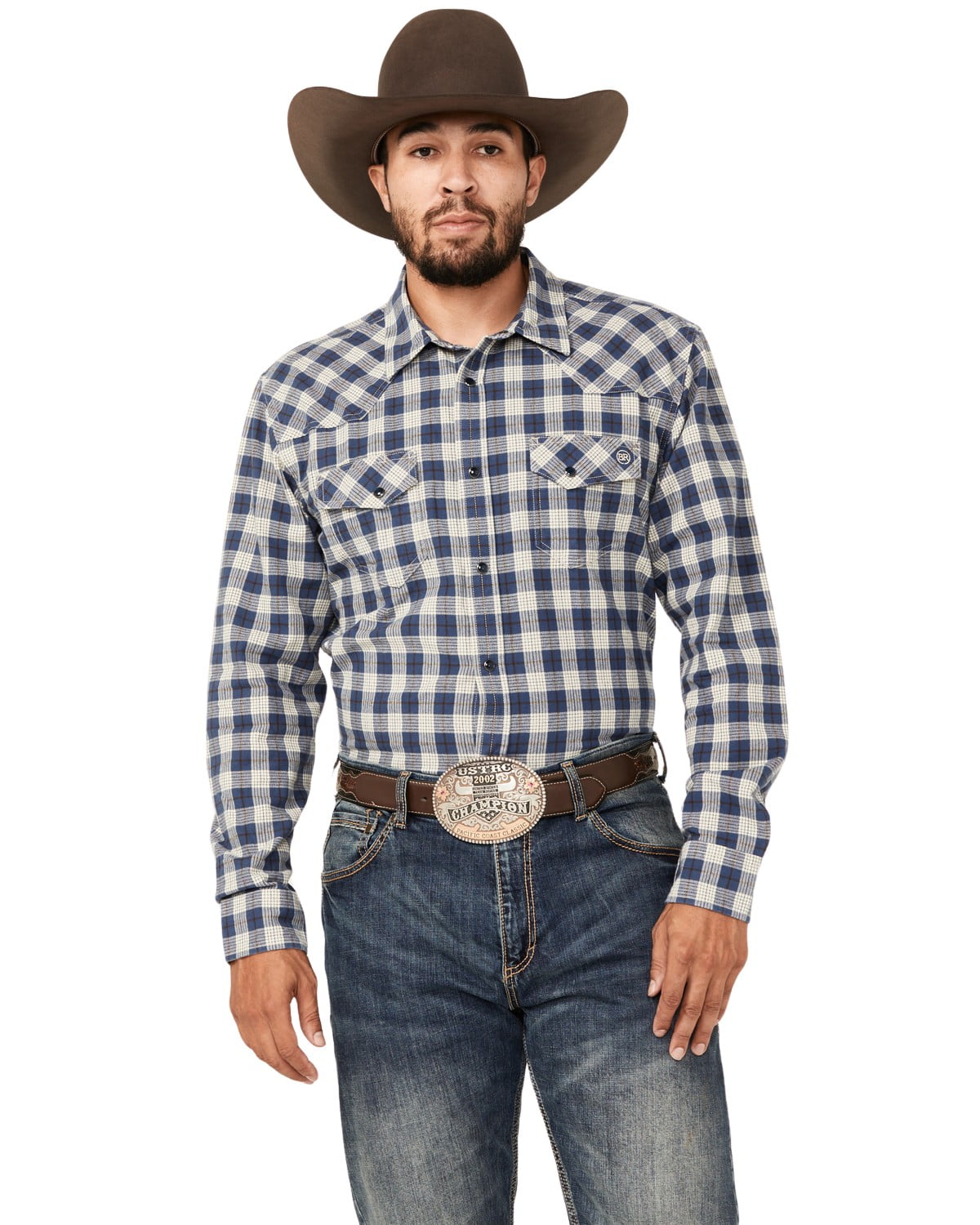 Blue Ranchwear Men's Crossville Herringbone Checkered Print Long Sleeve ...