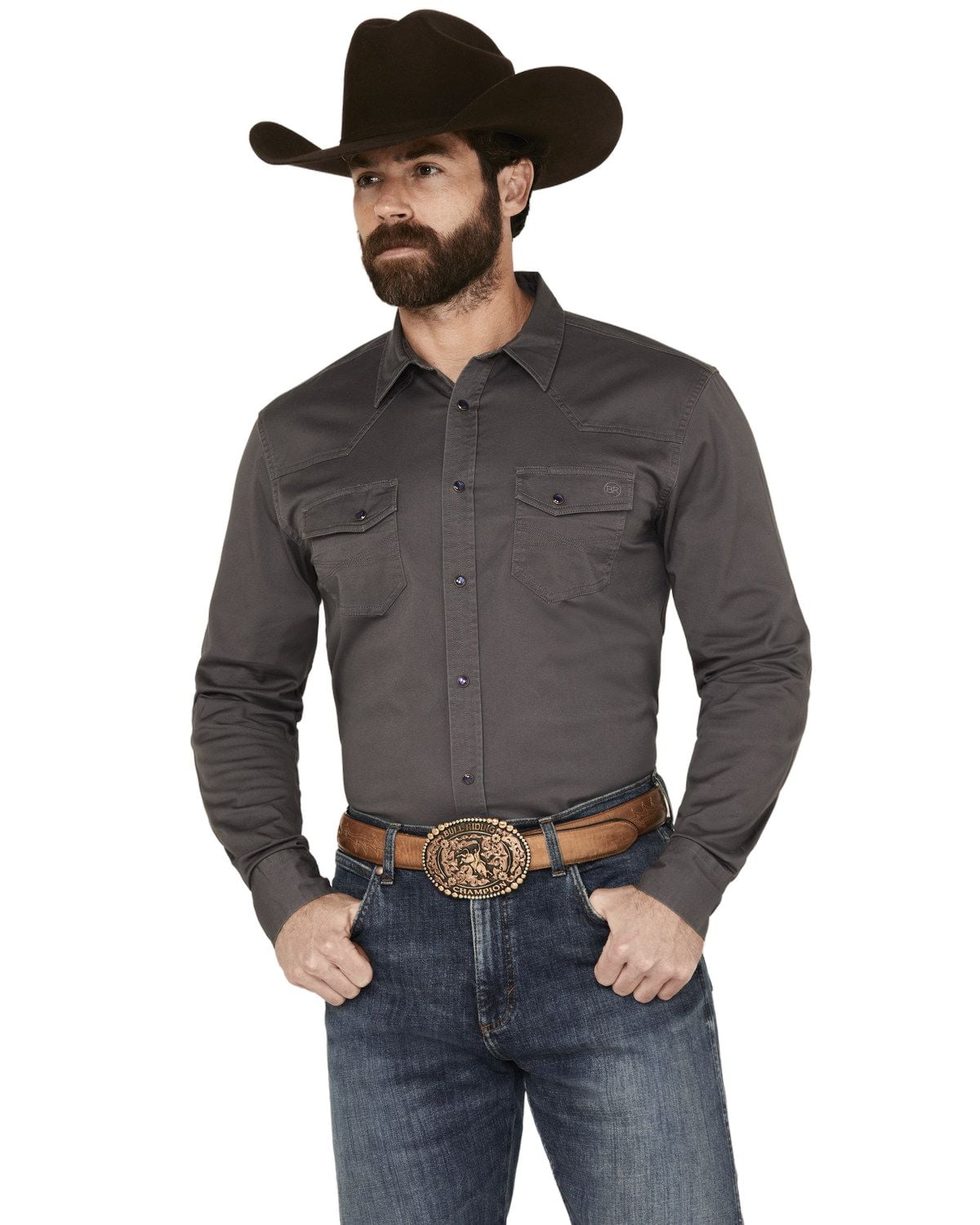 Blue Ranchwear Men's Rustler Solid Twill Long Sleeve Snap Stretch ...