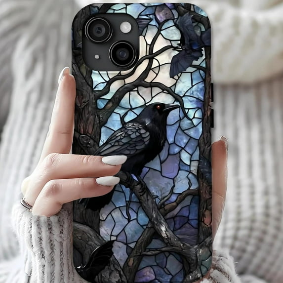 Blue Raven Gothic Stained Glass Design Case with iPhone 17 to 11 Pro ...