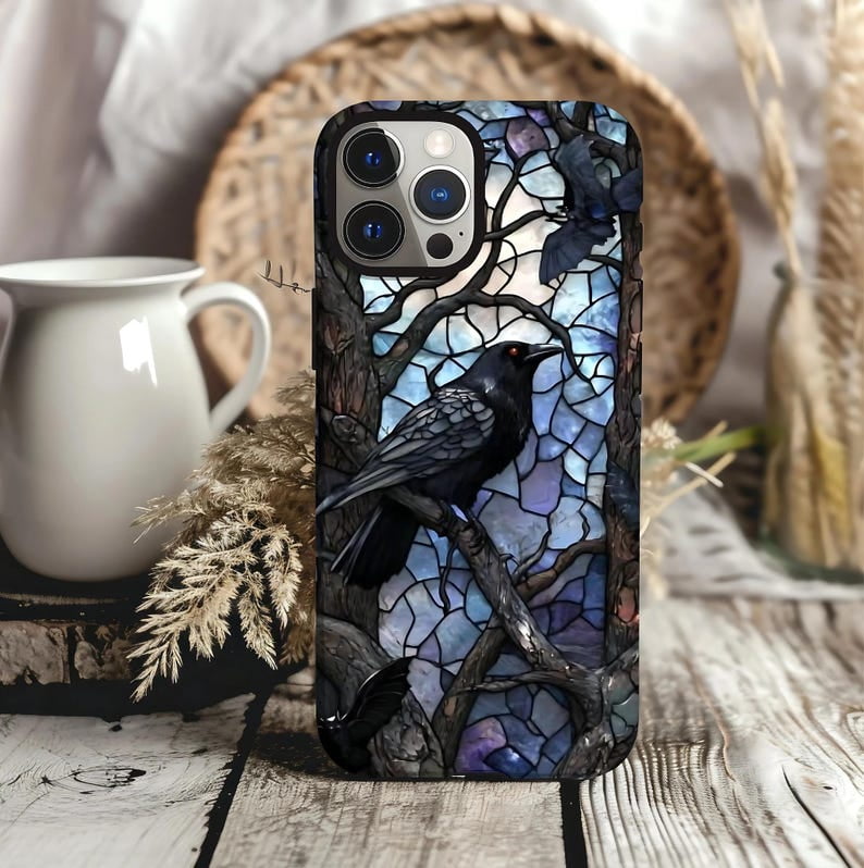 Blue Raven Stained Glass Phone Case for iPhone 11 to 17 – Gothic Dark ...