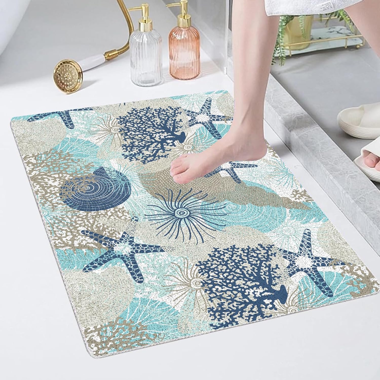 Blue Rectangle Shower Mat 18x40” Non Slip Bath Mat with Shell Pattern ...