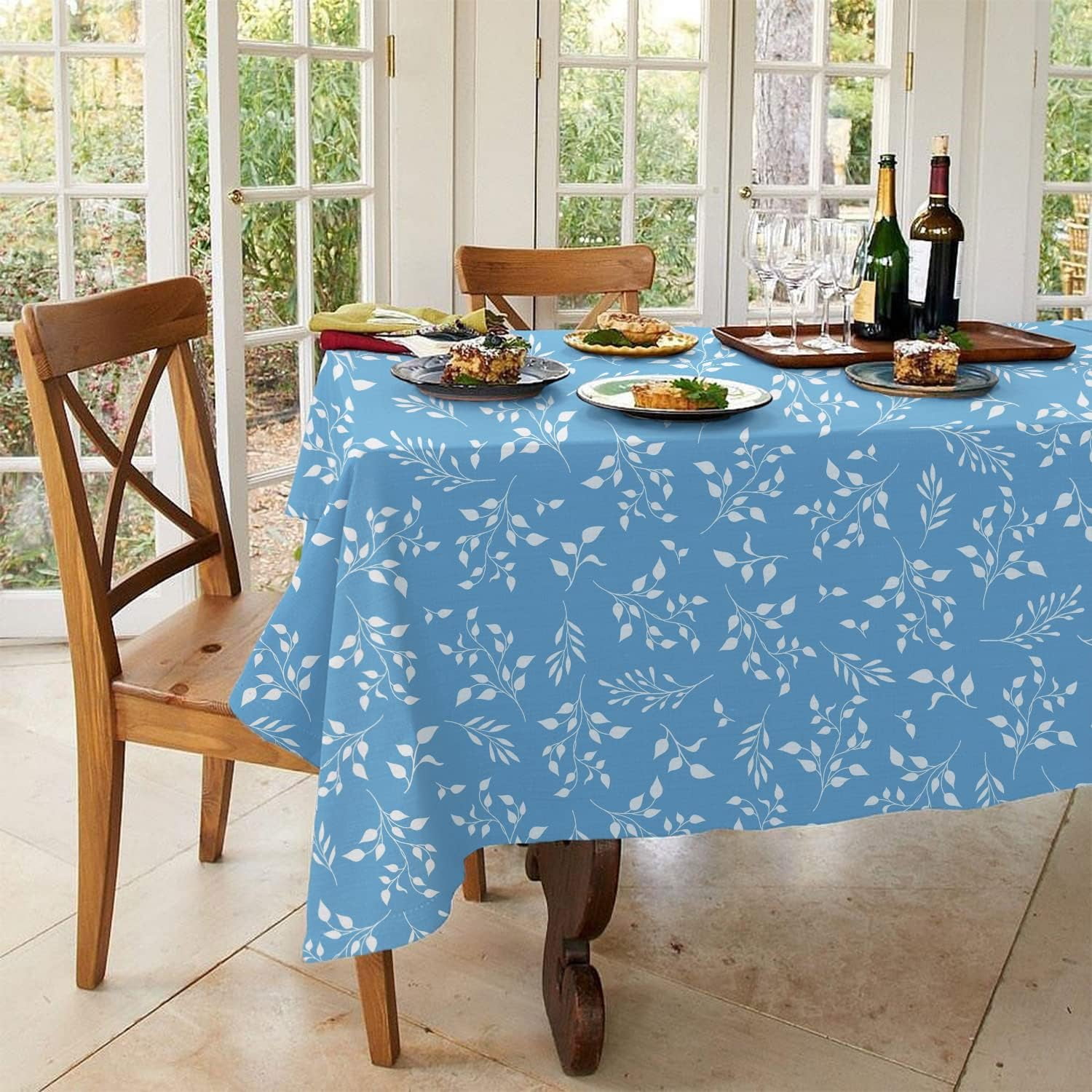 Blue Rectangle Tablecloth, Flower Print Tablecloth, Blue Leaf Tablecloth, Indoor/Outdoor ...