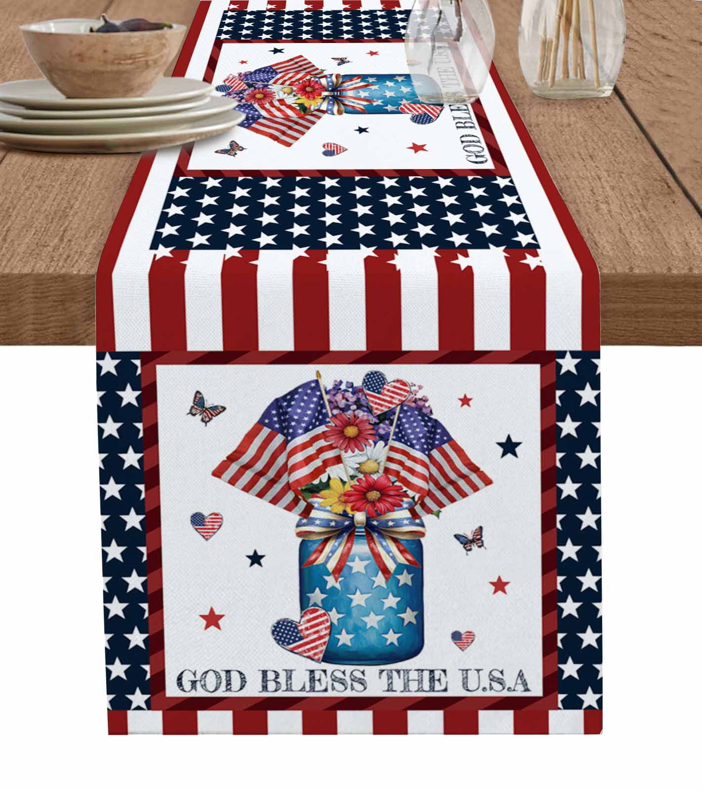 Blue Red 4th of July Table Runner 72 Inches, Independence Day Star Love ...
