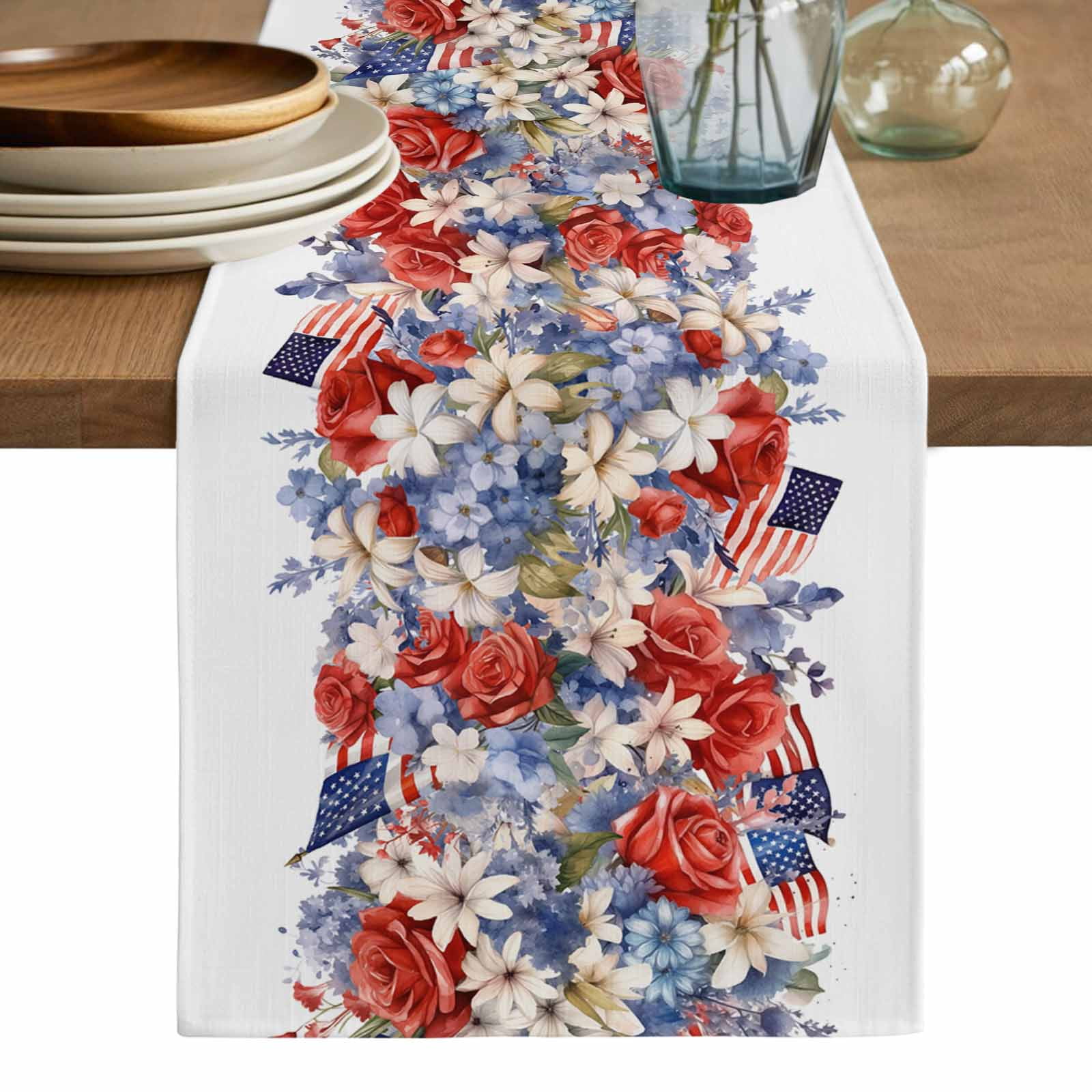 Blue Red 4th of July Table Runner, Independence Day Flowers Red Blue ...