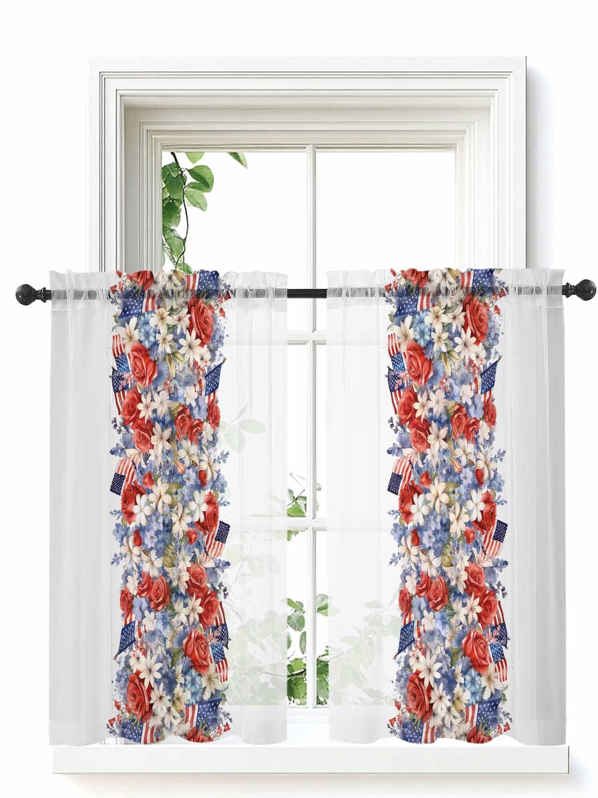 Blue Red 4th of July Tier Curtains 45 Inch Length,Sheer Curtains for ...
