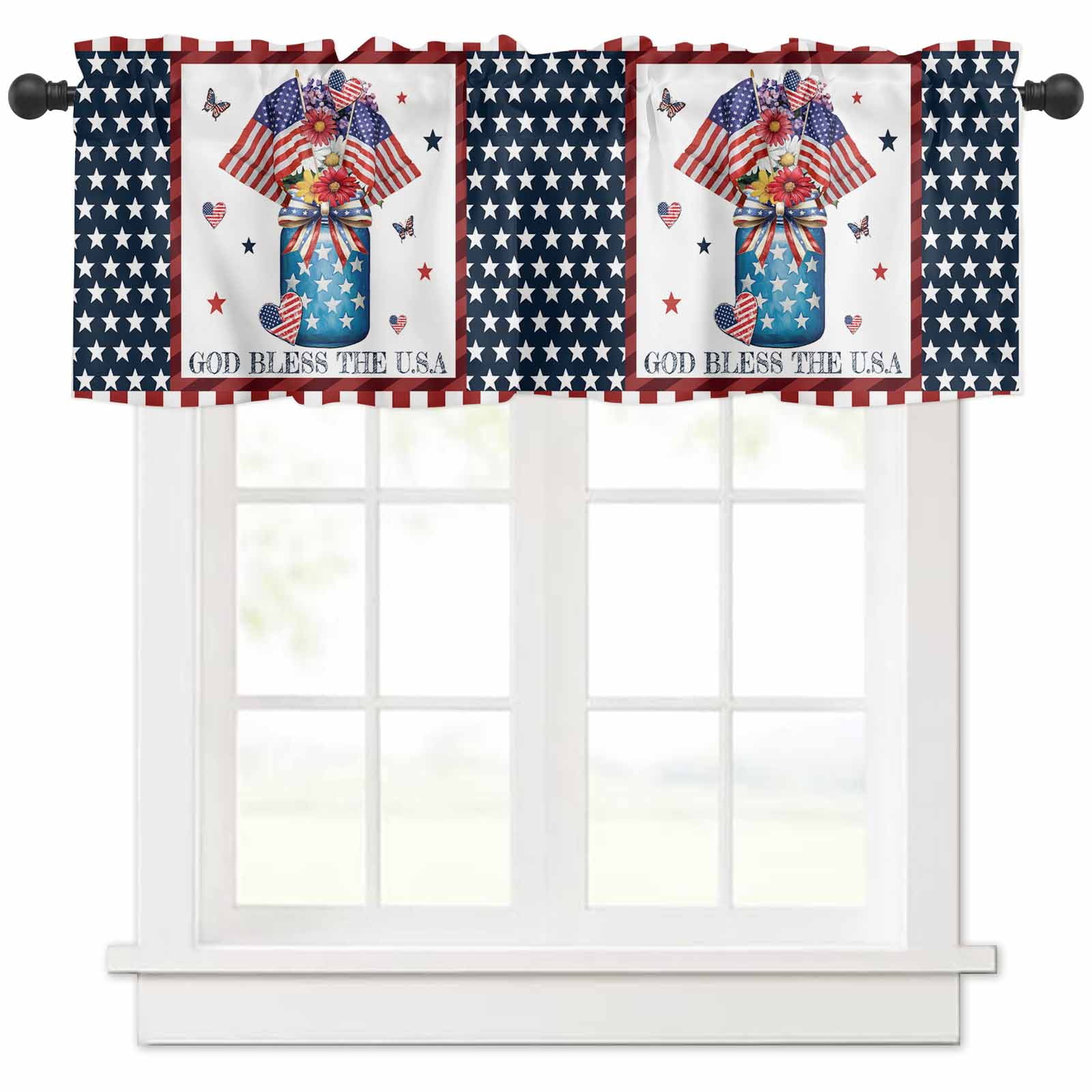 Blue Red 4th of July Valances for Windows Farmhouse Kitchen Curtains ...