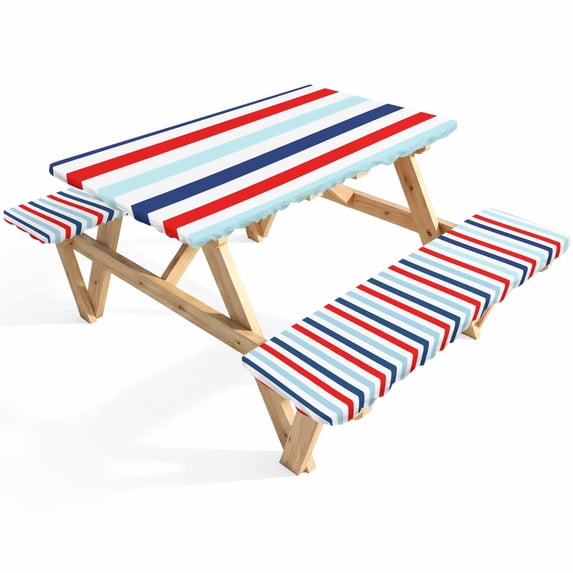 Blue Red Aqua White Striped Picnic Table Cover with Bench Covers Modern ...