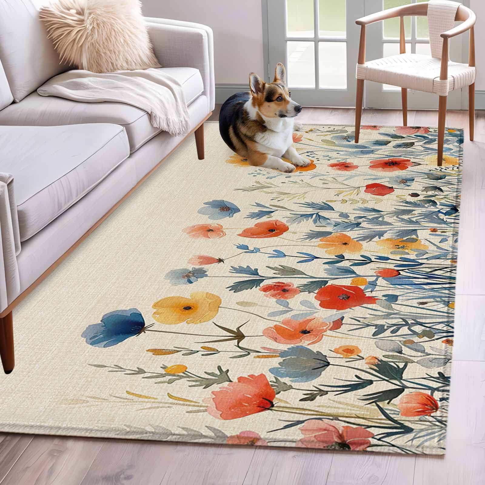 Blue Red Area Rugs 3x5 ft and Yellow Poppy Watercolor Floral Retro ...