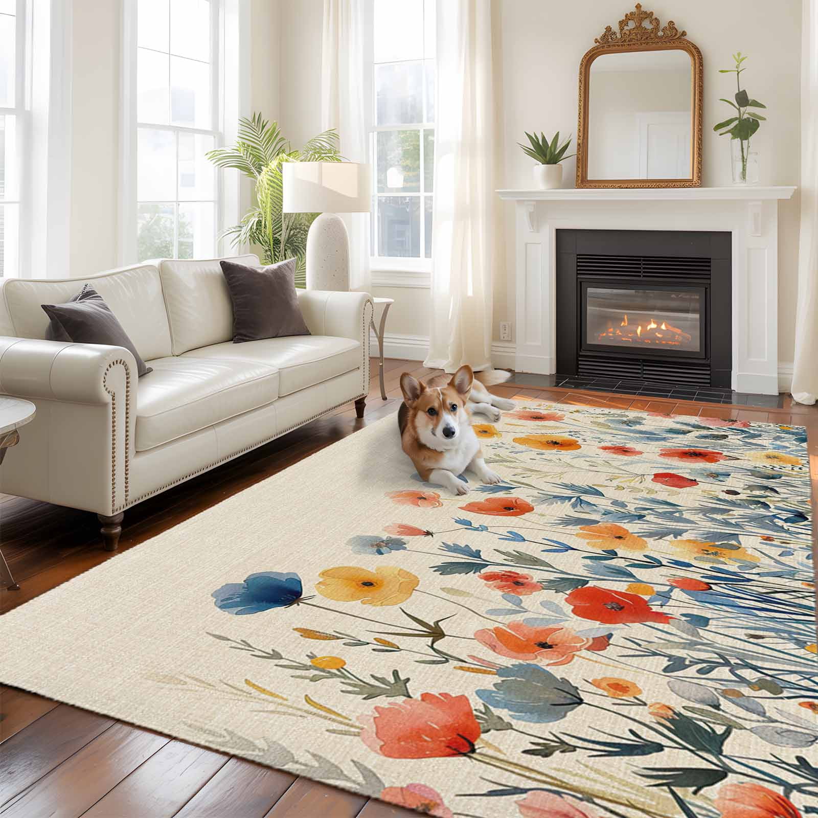Blue Red Area Rugs 5x7 ft and Yellow Poppy Watercolor Floral Retro ...