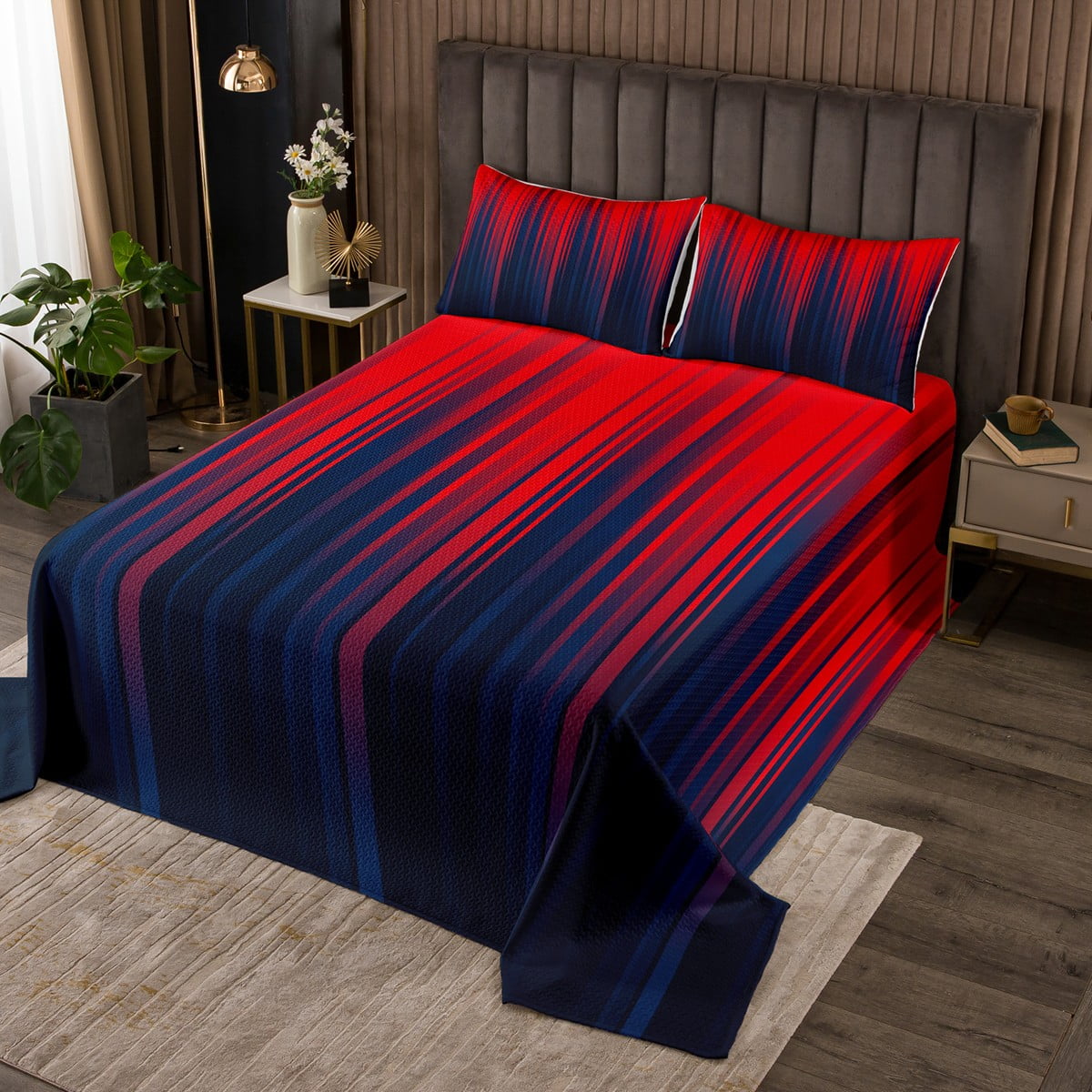 Blue Red Bedspread Set Queen Abstract Gradient Stripes Bedding Set ...
