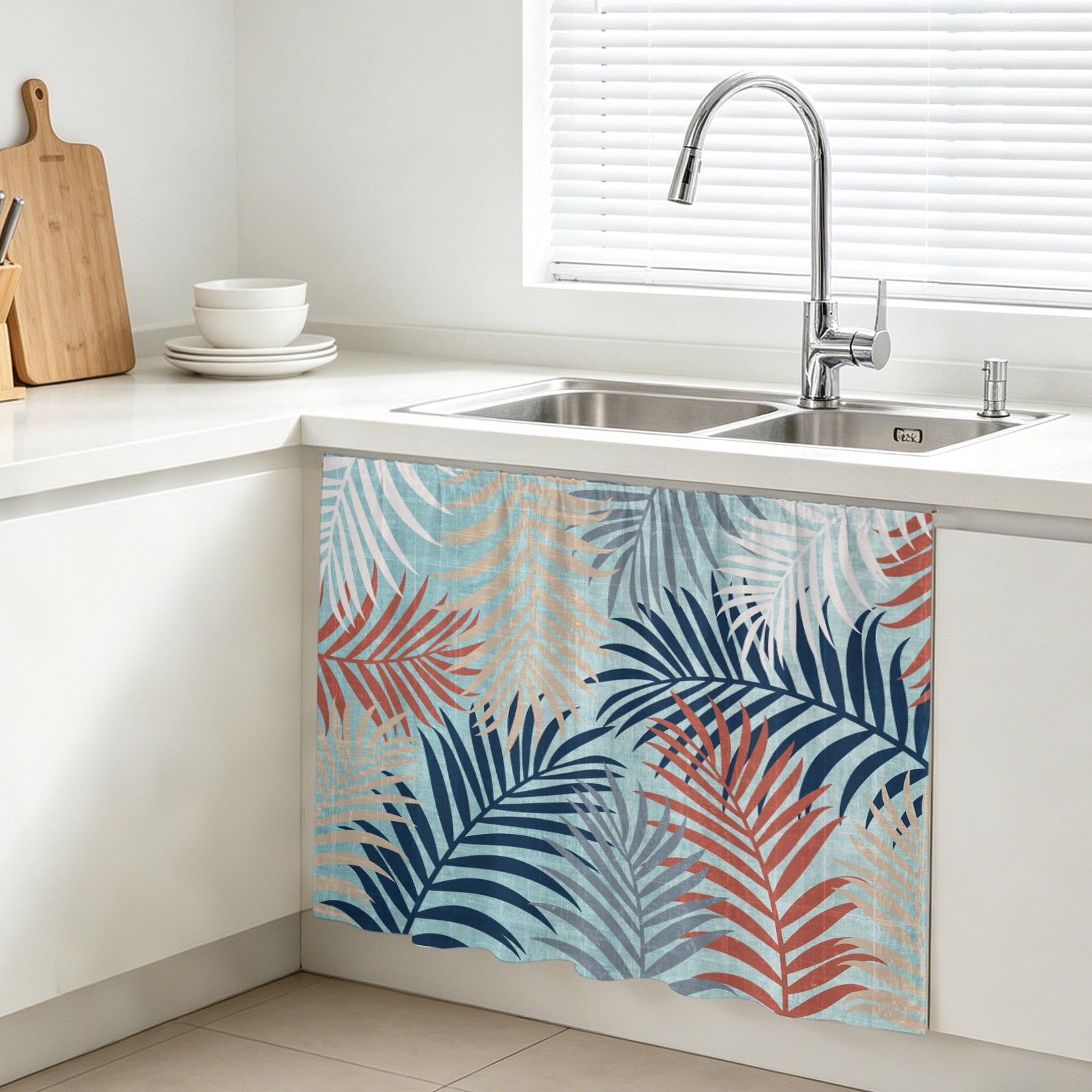 Blue Red Beige Palm Leaves Cabinet Curtains for Kitchen 28"Wx35"L ...