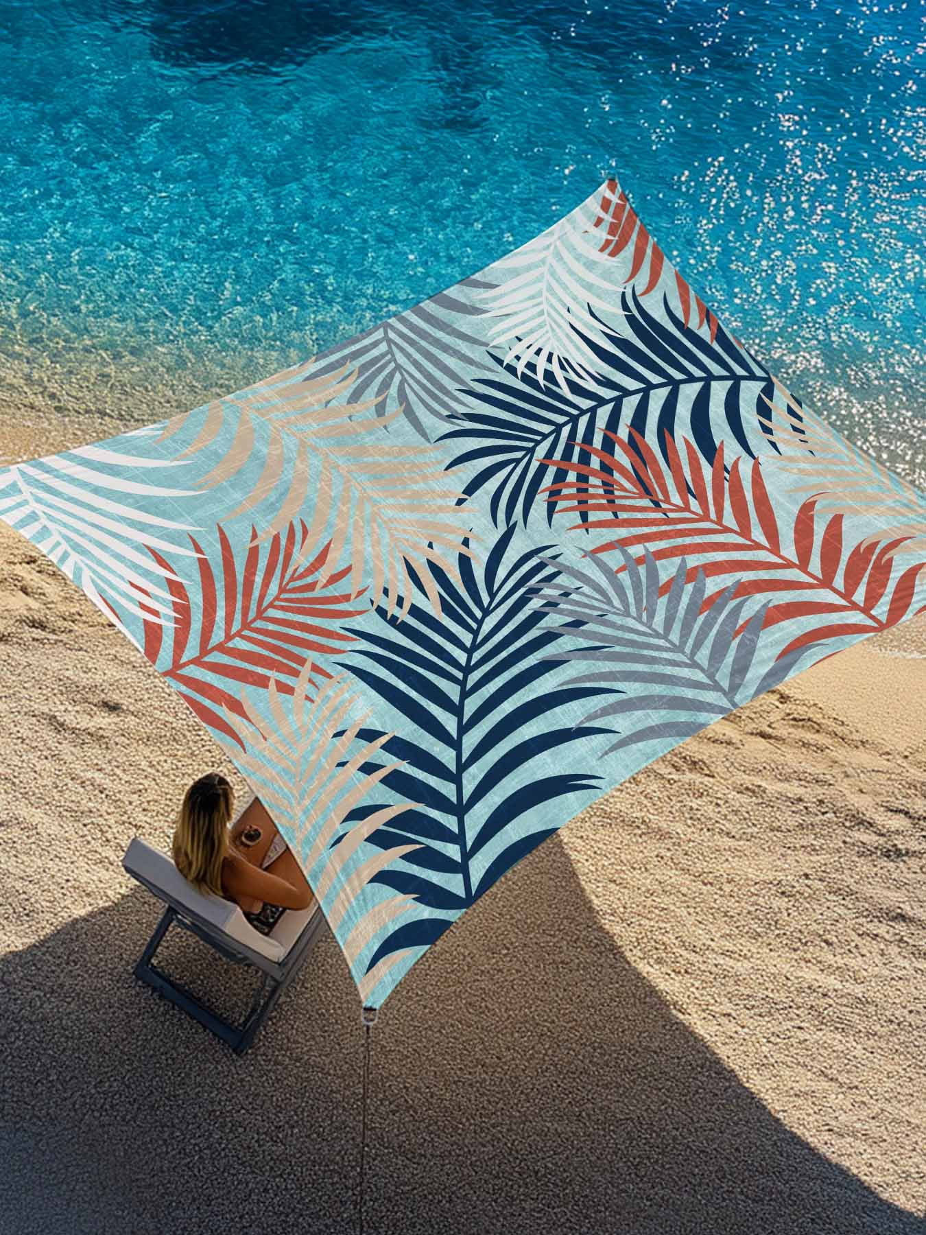 Blue Red Beige Palm Leaves Sun Shade Sail 12' x 16', Summer Botanical ...