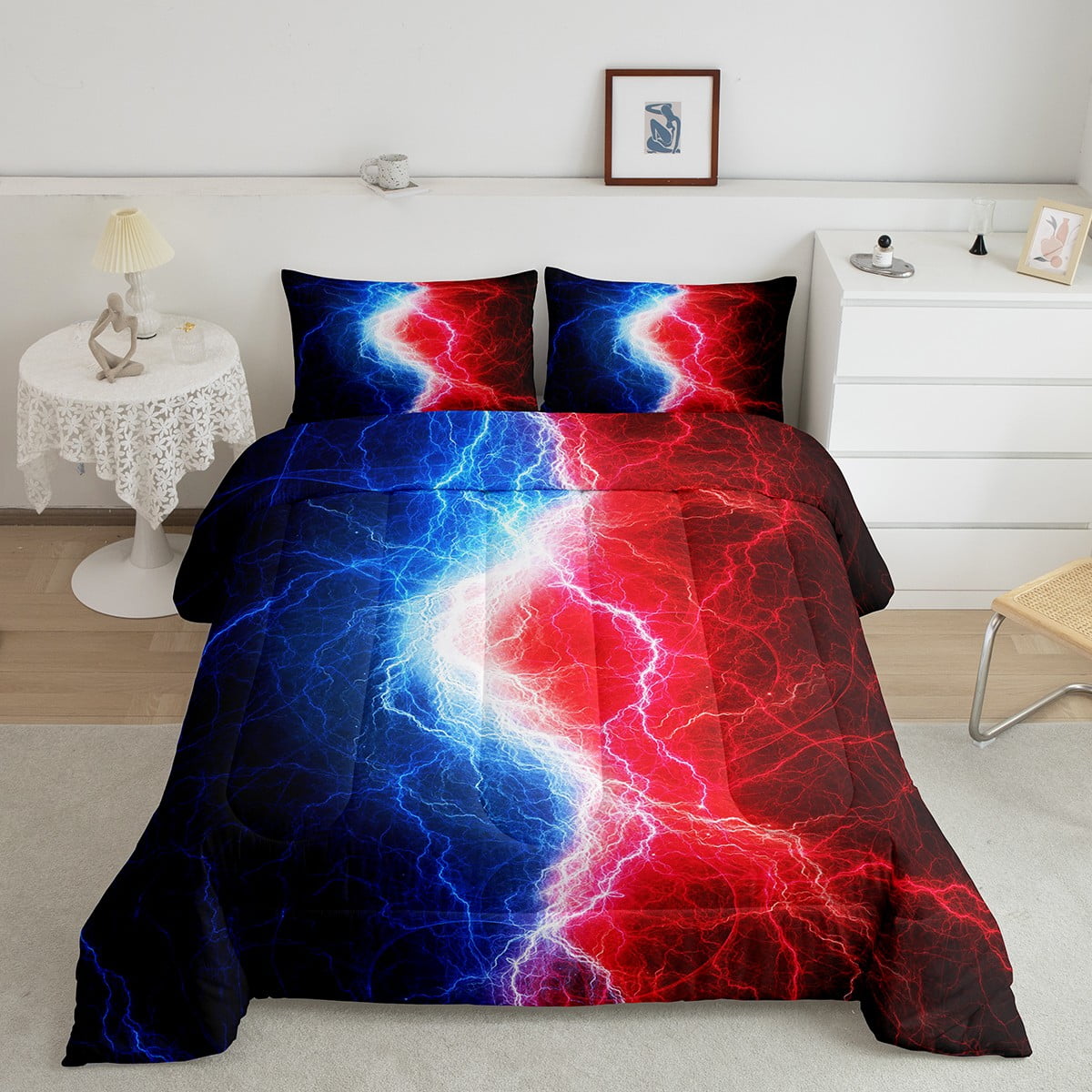 Blue Red Black Comforter Set Lightnings Abstract Art Bedding Set King ...