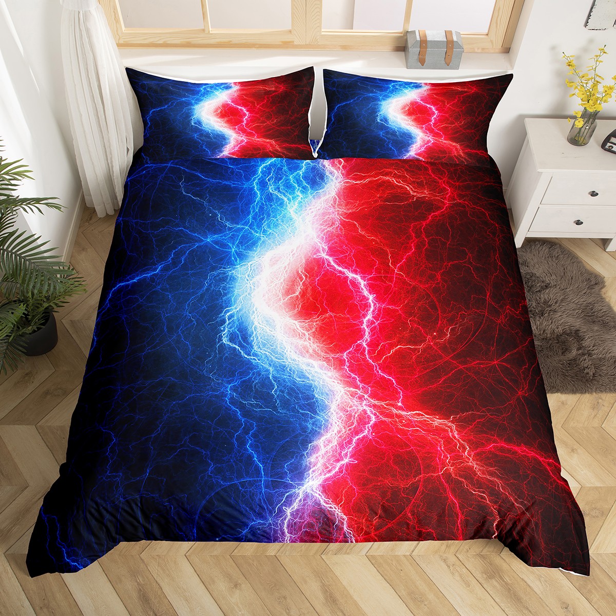 Blue Red Black Duvet Cover Queen Abstract Art Lightning Gamer Bedding ...