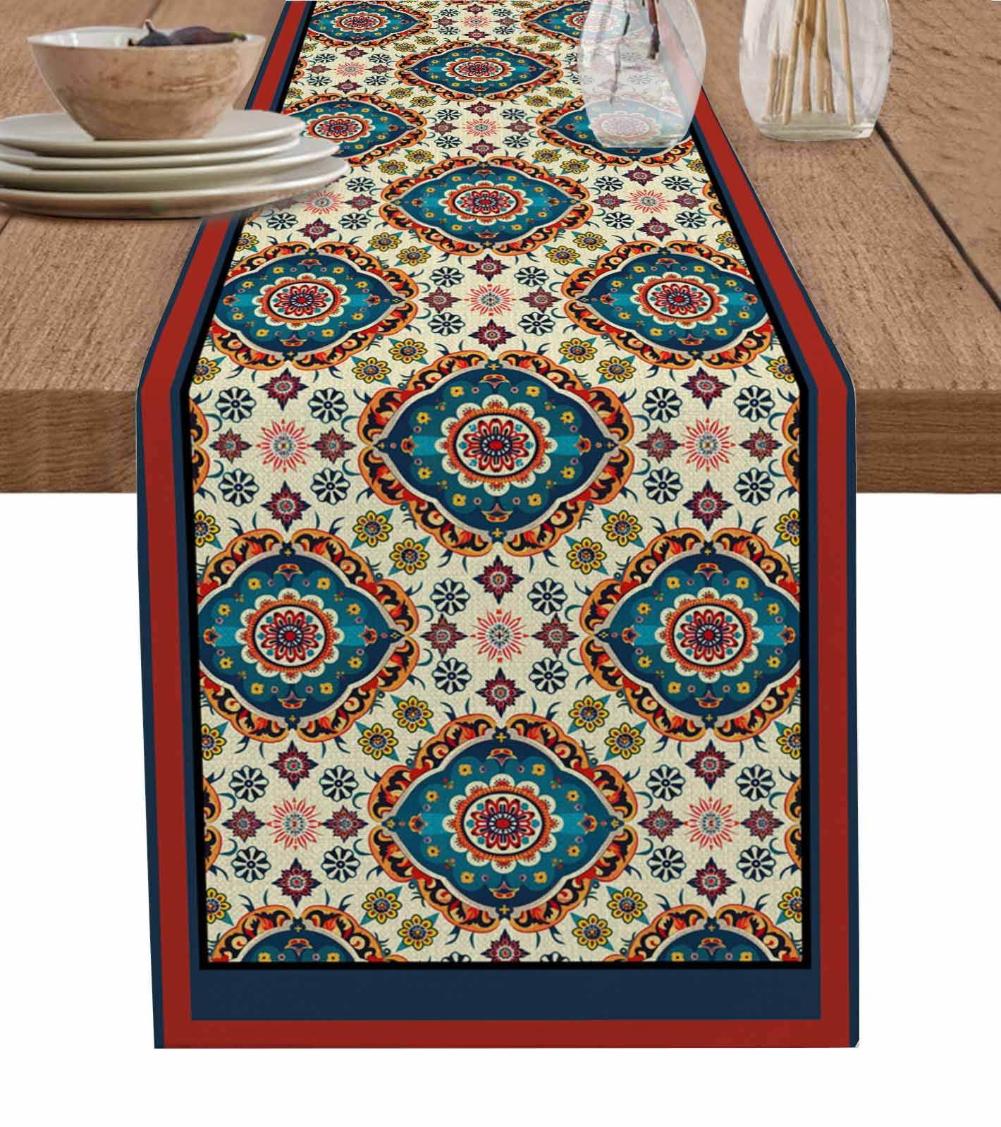 Blue Red Boho Burlap-Cotton Table Runner 90 Inches Long,Abstract Ethnic ...