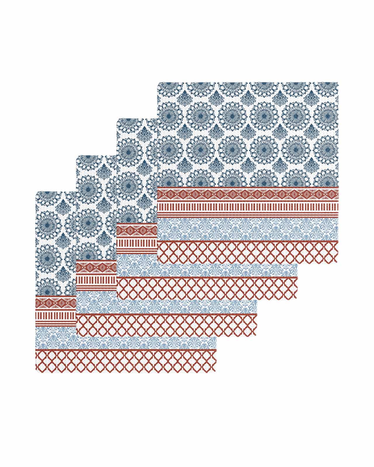 Blue Red Boho Kitchen Dish Towels for Drying Dishes Set of 4, Vintage Geometric Stripes Abstract ...