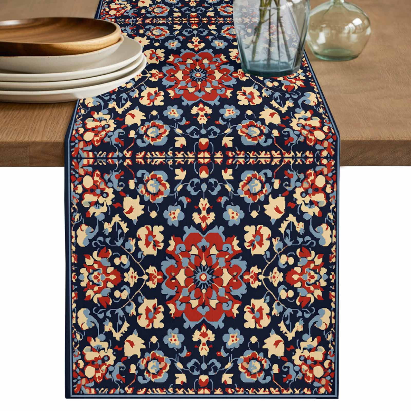 Blue Red Boho Retro Geometric Table Runner, Ethnic Abstract Pattern ...