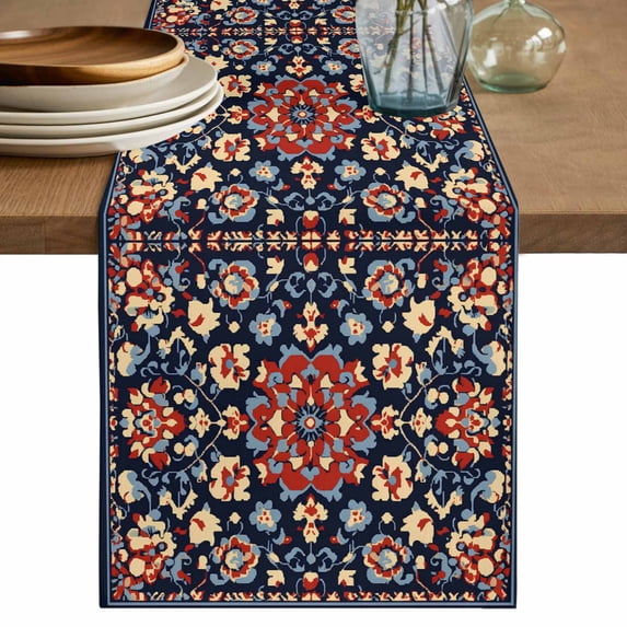 Blue Red Boho Retro Geometric Table Runner, Ethnic Abstract Pattern ...